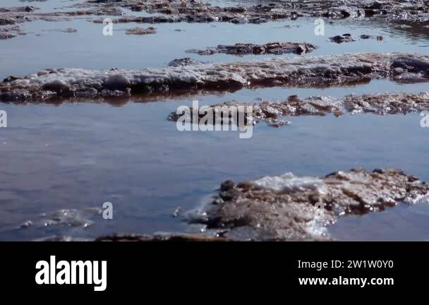 The bottom of a dying estuary, lake. Self-precipitating salt covers ...