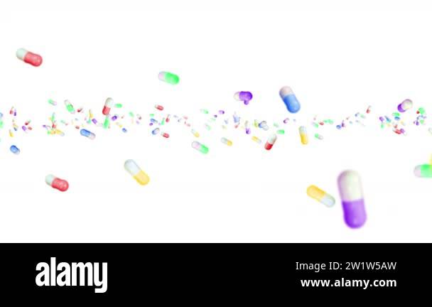 Flying many medical capsules on white background. Medicine and ...