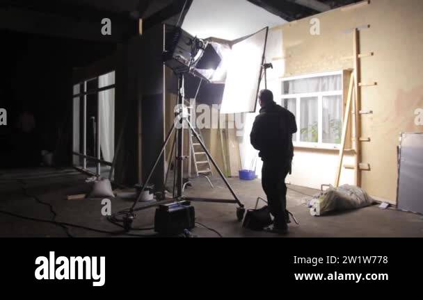 Lighting on the set of the film during filming. Filmmaking. Shooting ...
