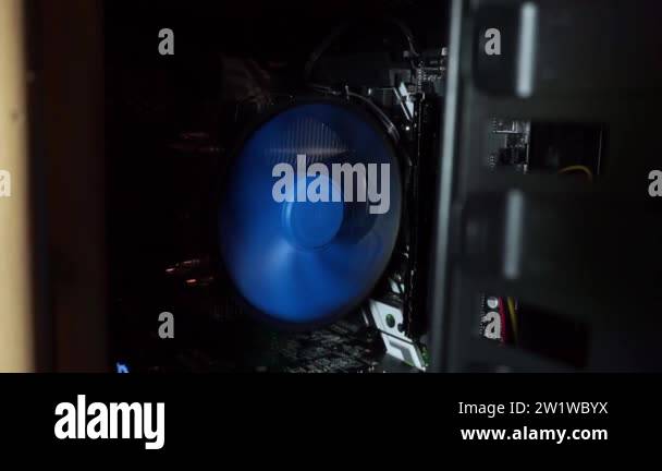 CPU, motherboard cooling fan blades open system unit, RGB Light, during ...