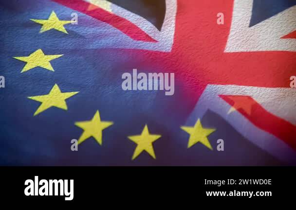 UK Union Jack and European Union EU flags reflected in gently rippling ...