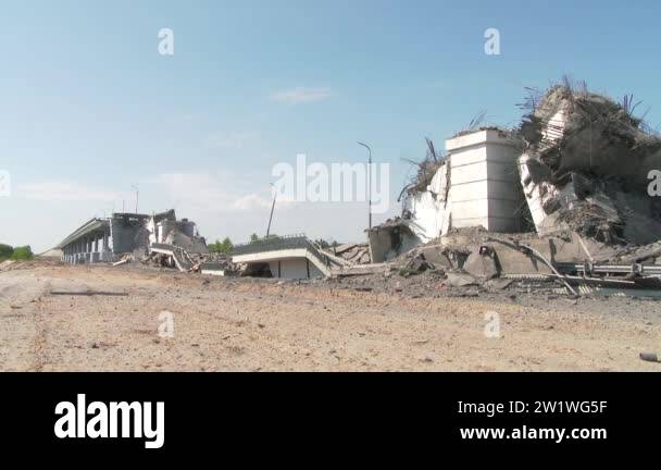 The bridge destroyed after the explosion. Exploded motorway. Act of ...