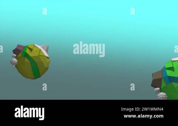 Two cartoony planets orbitting their common center of mass, gravitating ...