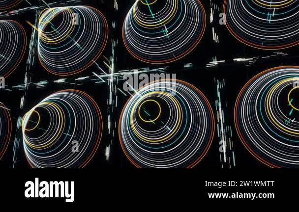 Abstract futuristic background with glowing schematic pyramides of many circles and straight ...