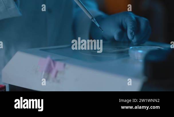 Scientist placing a liquid sample with micropipette onto a glass plate ... Scientist placing a liquid sample with micropipette onto a glass plate ...