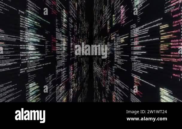 Modern application code on the abstract computer screen. Animation. Modern software development ...