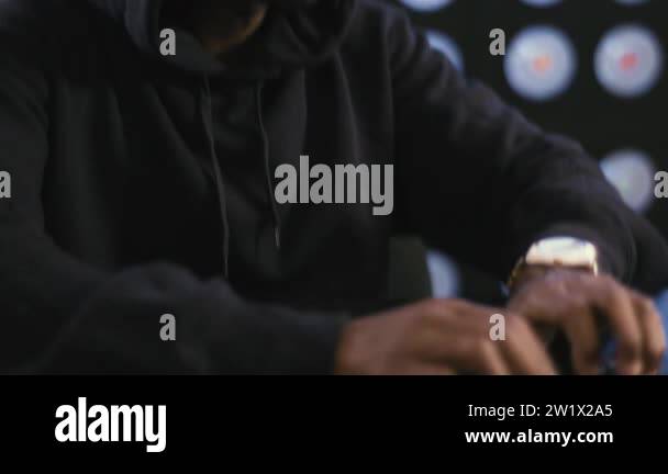 Worried-looking african-american mature man computer hacker wearing ...