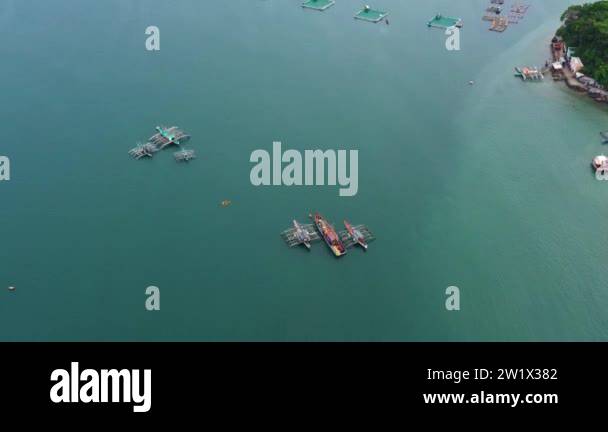 Fish farm with cages for fish and shrimp, top view. Fish cage for ...