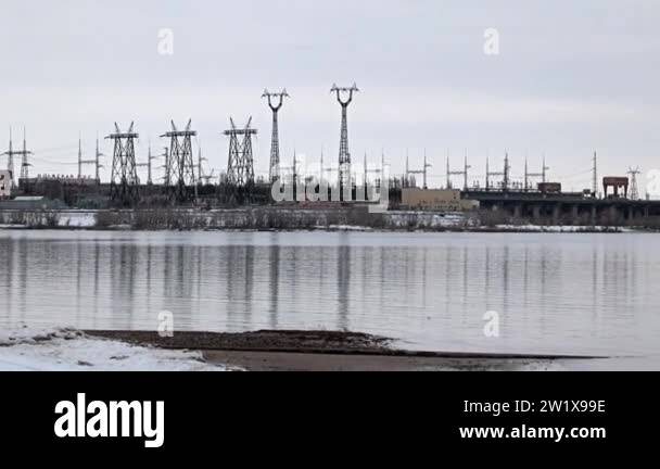 structures and buildings of a hydroelectric power station on the Volga ...