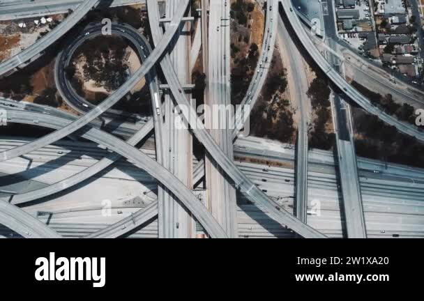 drone lockdown shot of amazing busy highway interchange with multiple ...