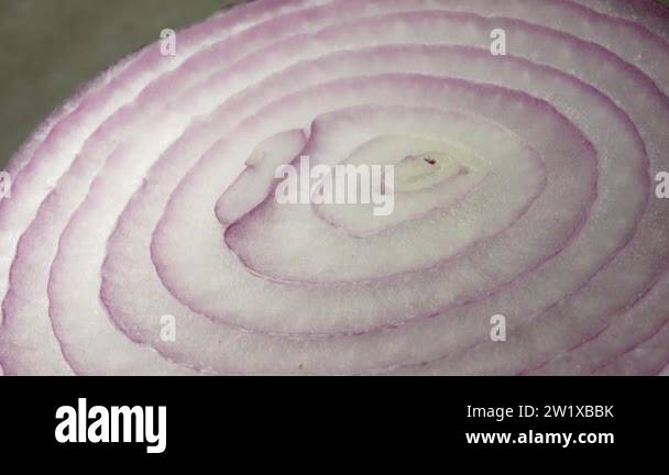 Sliced red onion rings rotating in 4K. Closeup top view of healthy food ...