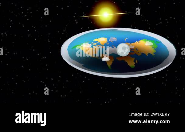 Motion illustration of a flat Earth floating in space, while sun and ...