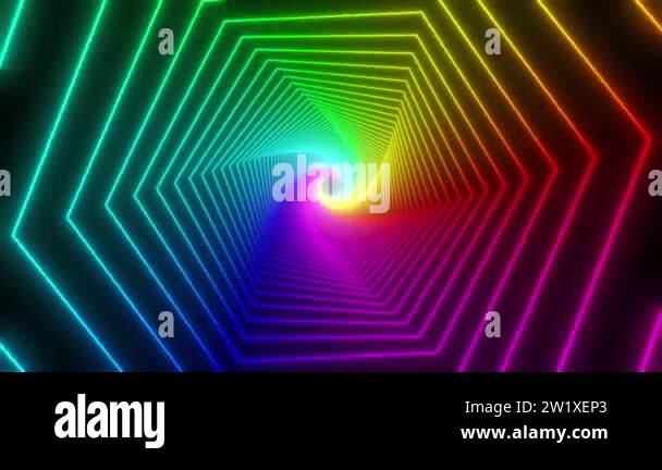 Rainbow glow hexagon tunnel loop. Seamless 4K animation. Abstract motion screen background with ...