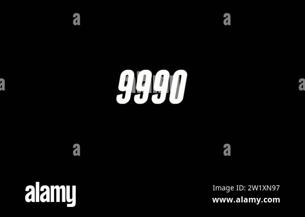 Animated counter 9900-10000 white jumping symbols on black background ...