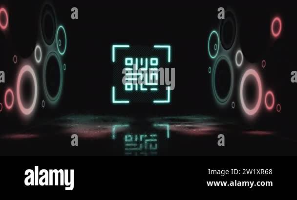 Animation of flickering green QR code with green and pink neon circles ...