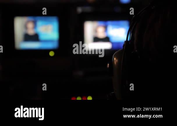 Monitor monitors in TV studio during tv ether. Control room Stock Video ...