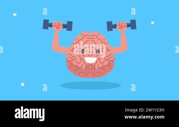 mental health animation with brain lifting dumbbells character Stock ...
