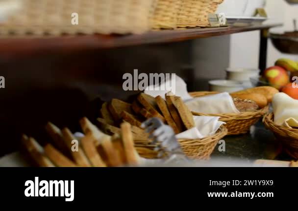 Baked goods and fruits with milk - buffet in restaurant - breakfast ...