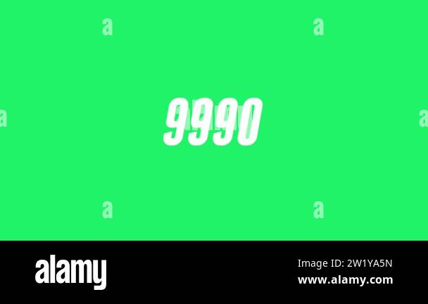 Animated counter 9900-10000 white jumping symbols on green background. Flat design counting ...