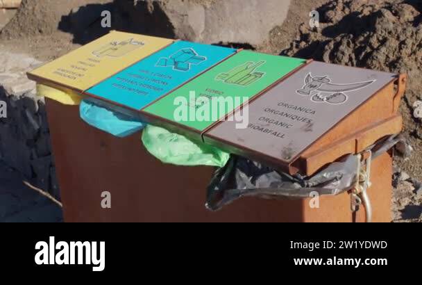 Trash cans for sorting garbage. Garbage distribution.Waste sorting and ...