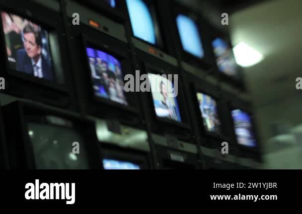 Monitor monitors in TV studio during tv ether. Control room Stock Video ...