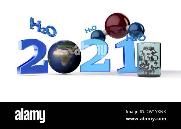 3D animation of the date of 2021 new year. Animation of a water ...