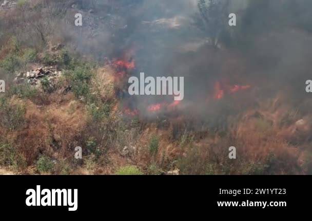 Illegal burning of household waste, garbage. Fire, fumes and cloud of ...