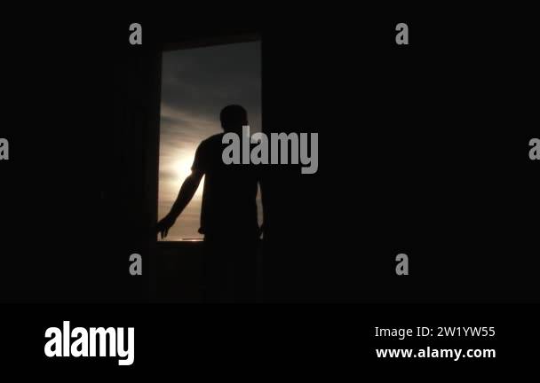 Sequence of person opening door, walking out into beautiful sunny sky ...