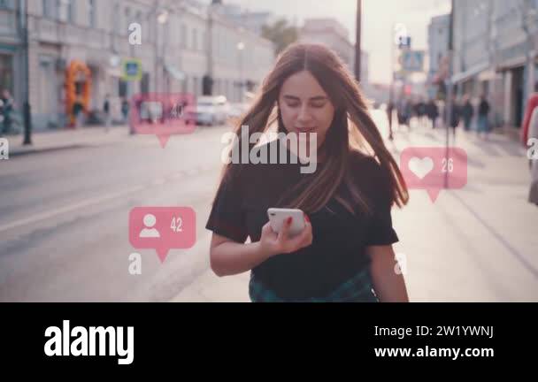 Young woman use phone feel happy at sunlight vlogger influencer ...