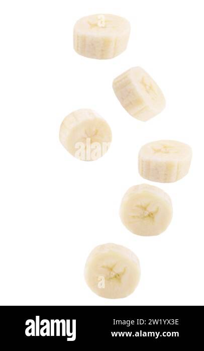 Stop motion with Flying fruit. Floating raw slices banana fruits ...