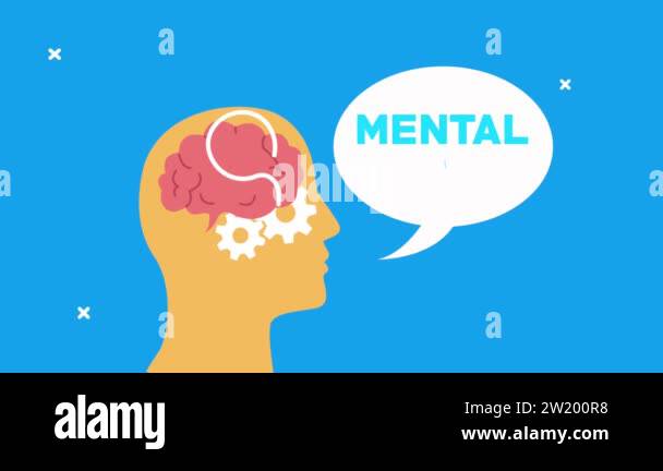 mental health animation with profile silhouette speaking and gears ...