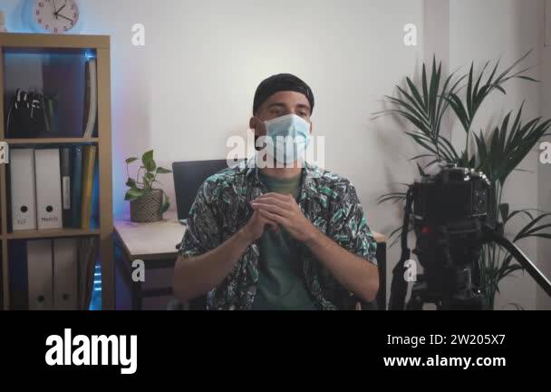 Young man vlogger record video on camera for social media channel ...