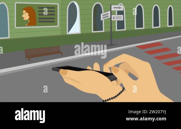 2D animation, Caucasian hand appearing with smartphone on city street ...