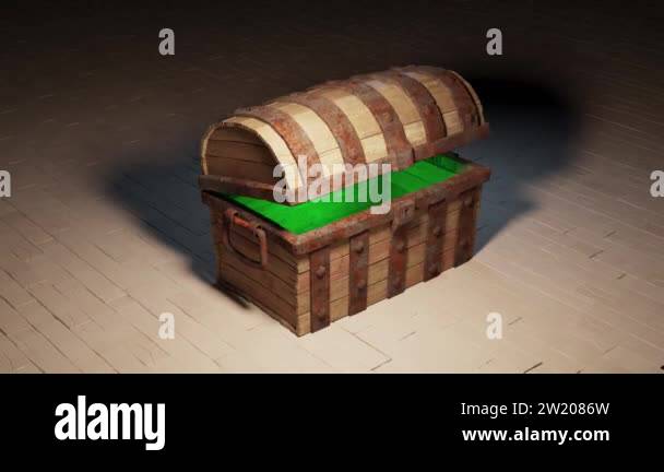 Wood and rusty metal Chest put on an old floor which is opening on a ...