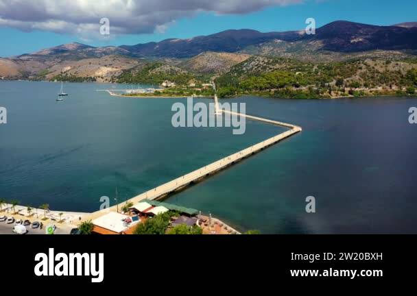 Aerial view of the De Bosset Bridge in Argostoli city on Kefalonia ...
