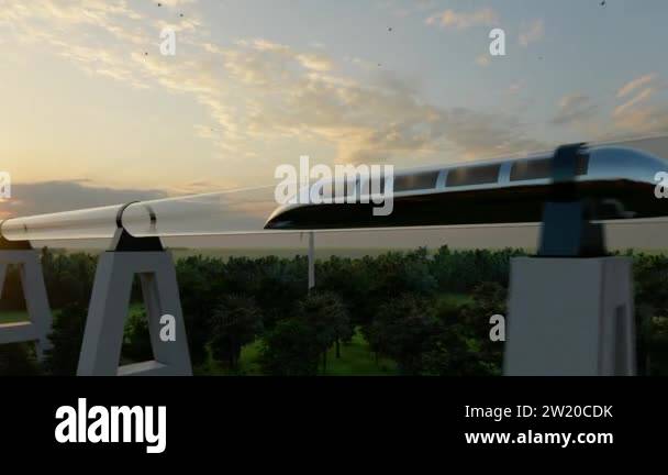 Train of monorail maglev hyperloops inside a glass tube moves at high ...