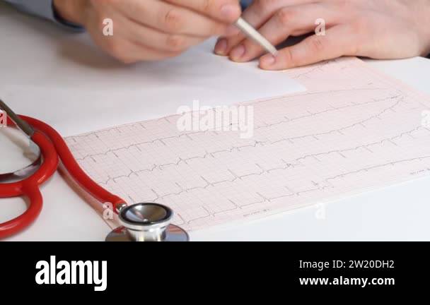 Cardiologist looks at the cardiogram and prescribes the prescription to ...