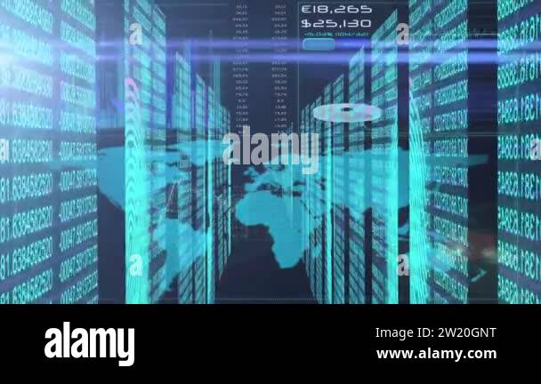 Animation of world map, scope scanning and digital interface data processing over biometric ...