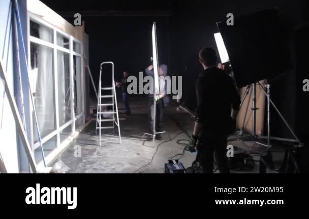 Lighting on the set of the film during filming. Filmmaking. Shooting ...