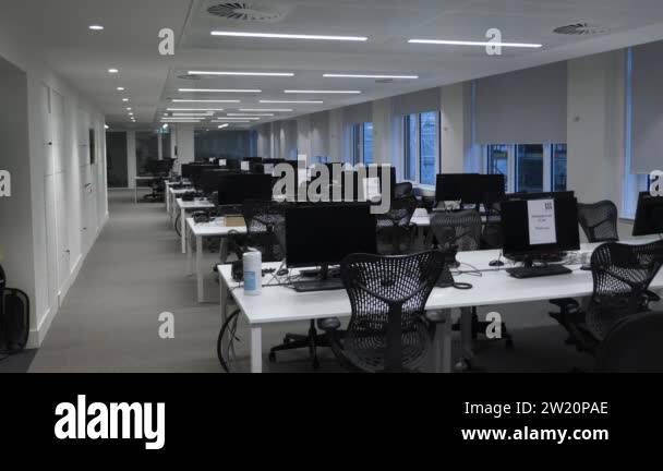 Rows Of Empty Desks In Office Building. Locked Off Stock Video Footage ...