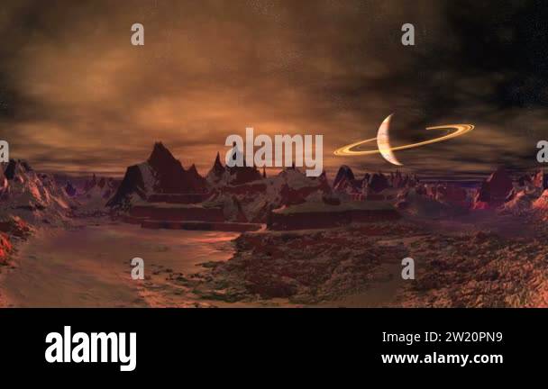 Sunrise on a Mysterious Alien Planet. Mountains and hills are covered ...