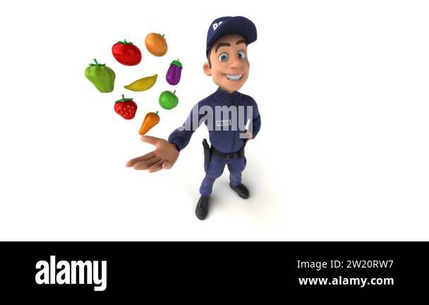 Fun 3D animation of a cartoon Police Officer with fruits and vegetables ...