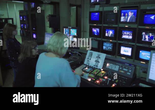 Monitor monitors in a TV studio during TV recording. Control room Stock ...