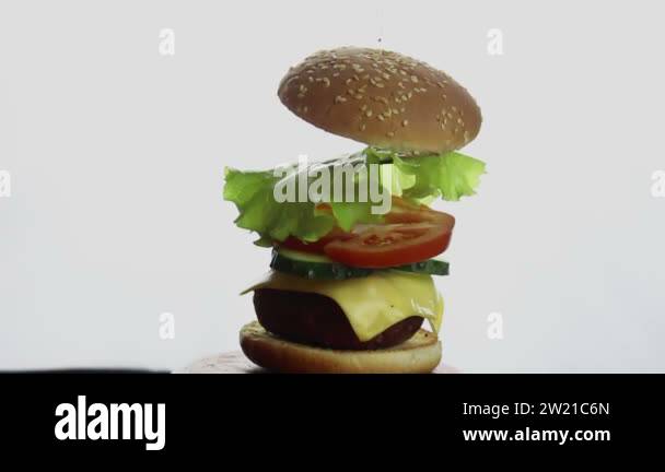 Constituent parts of the burger. Big juicy burger with beef cutlet ...