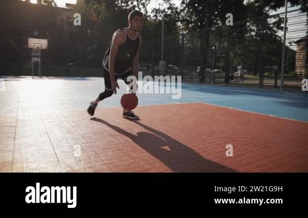 Close View of Caucasian Sporty Guy Trains to Play Basketball, Handling ...