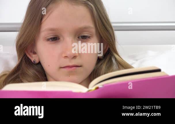 Kid Reading Book in Bed, Child Studying, Girl Learning in Bedroom after ...