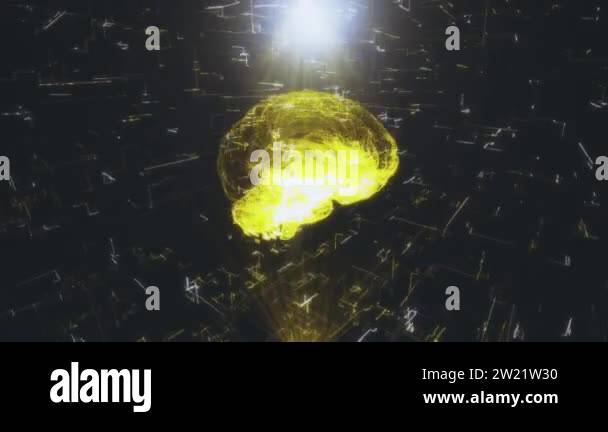 Colorful brain hologram with seamless animated graphics. Rotating brain digital hologram ...