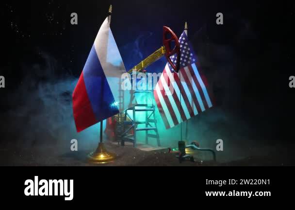 Business dialogue, oil agreement concept: National flags with Oil pump ...