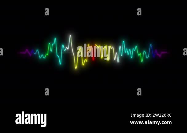 Colorful glowing neon waveform pulsing amplitude light on isolated black background. Rainbow ...