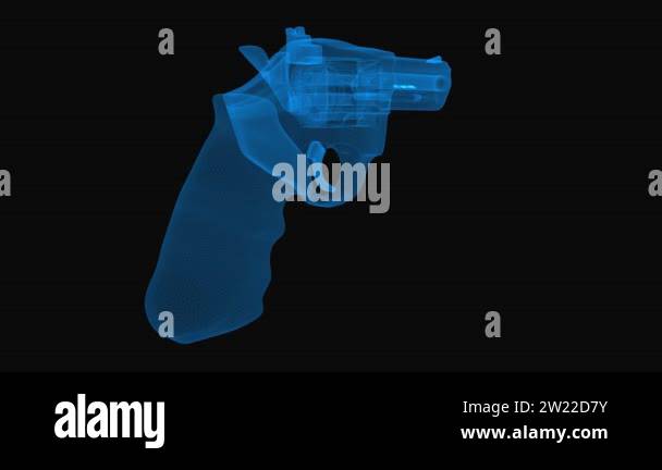 Revolver gun wireframe scheme. 3d render with blue grid lines. Loop ...